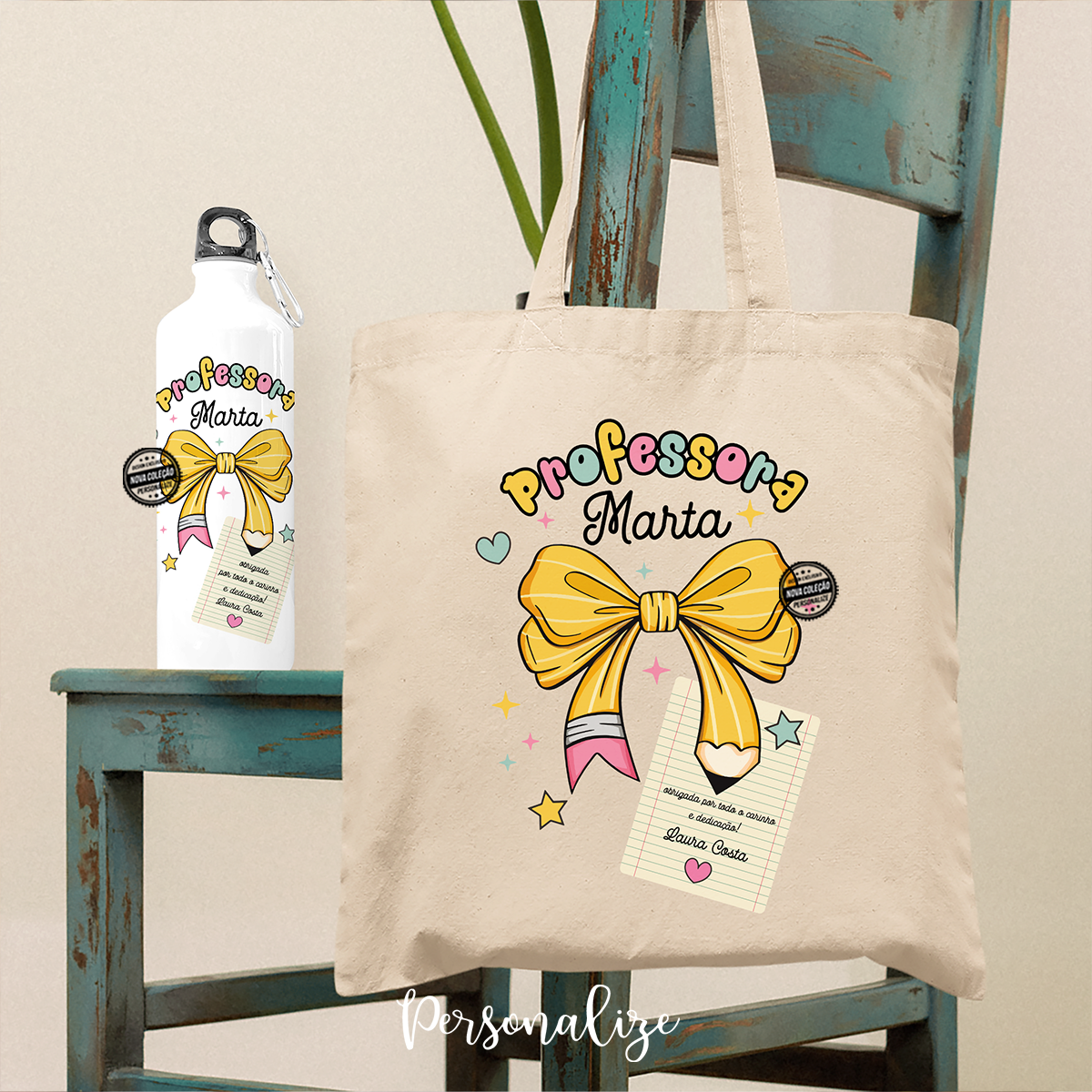 Saco e/ou garrafa lápis laço " Professora..." – Personalize